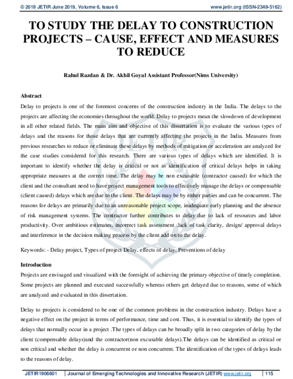 (PDF) TO STUDY THE DELAY TO CONSTRUCTION PROJECTS -CAUSE, EFFECT AND ...