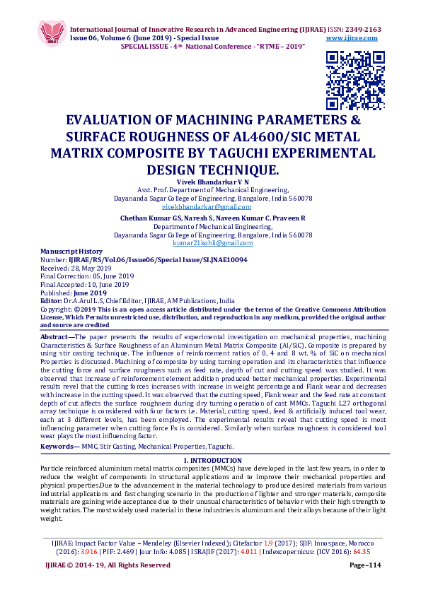 (PDF) EVALUATION OF MACHINING PARAMETERS & SURFACE ROUGHNESS OF AL4600/SIC METAL MATRIX ...