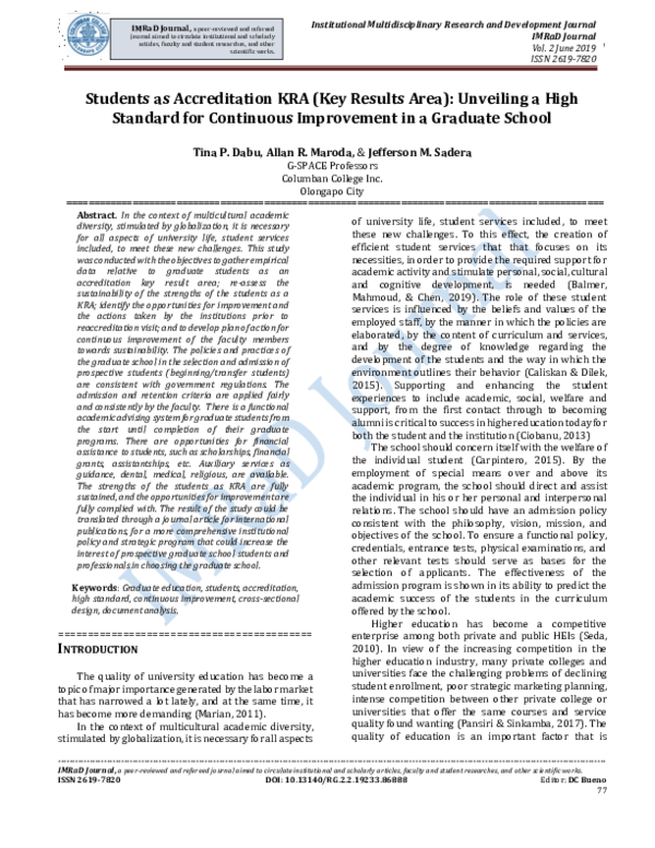 (PDF) Students as Accreditation KRA (Key Result Area): Unveiling a High ...