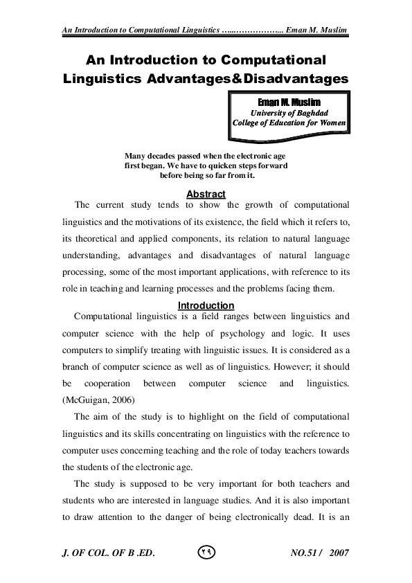 Pdf An Introduction To Computational Linguistics Advantagesanddisadvantages