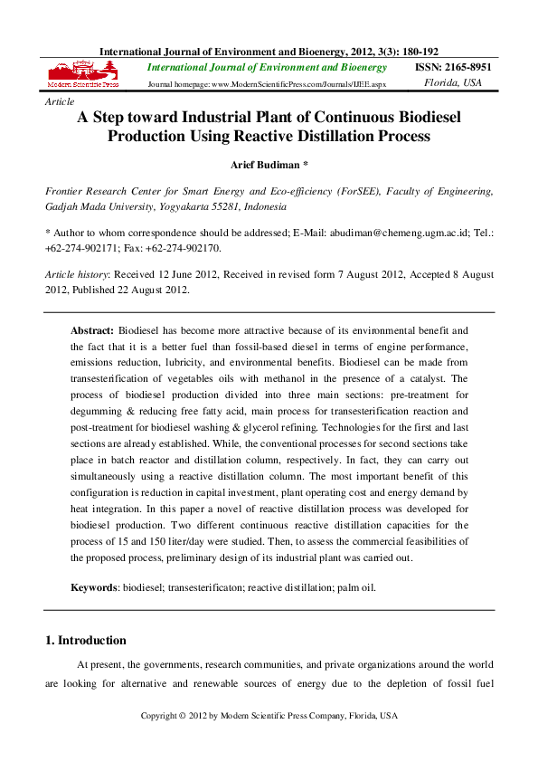 Pdf A Step Toward Industrial Plant Of Continuous Biodiesel Production Using Reactive