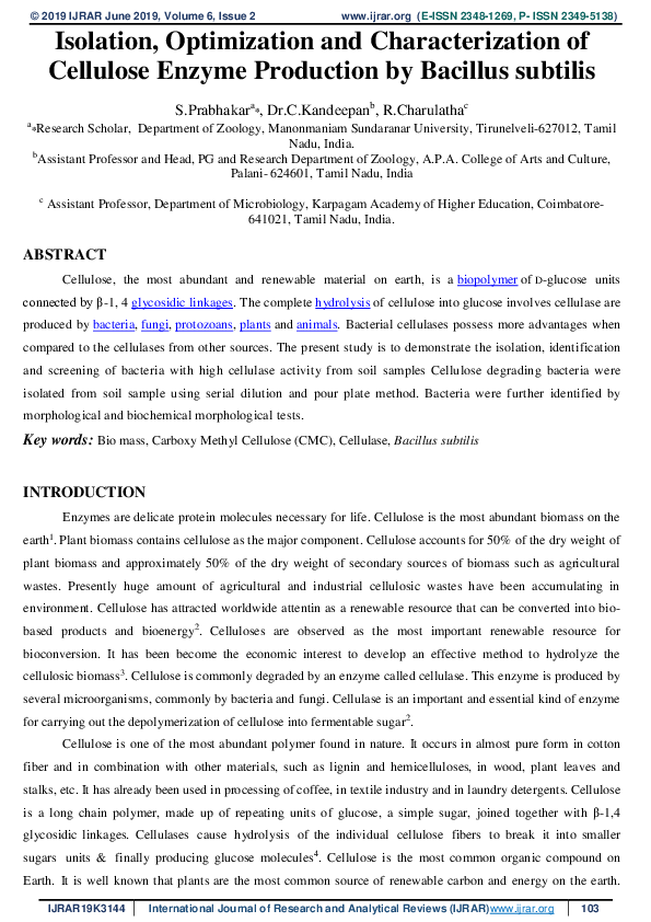 (PDF) Isolation, Optimization and Characterization of Cellulose Enzyme Production by Bacillus ...