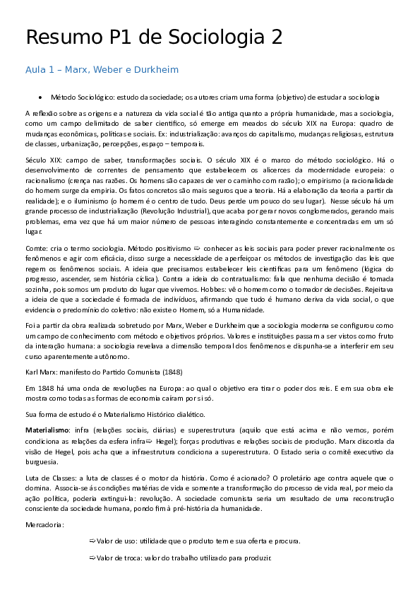 (DOC) Resumo P1 de Sociologia 2