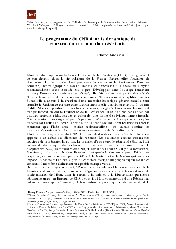 (PDF) Le programme du CNR dans la dynamique de construction de la nation résistante