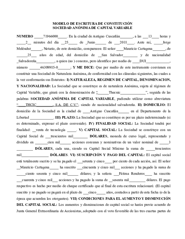 (DOC) MODELO DE ESCRITURA DE CONSTITUCIÓN SOCIEDAD ANÓNIMA DE CAPITAL VARIABLE