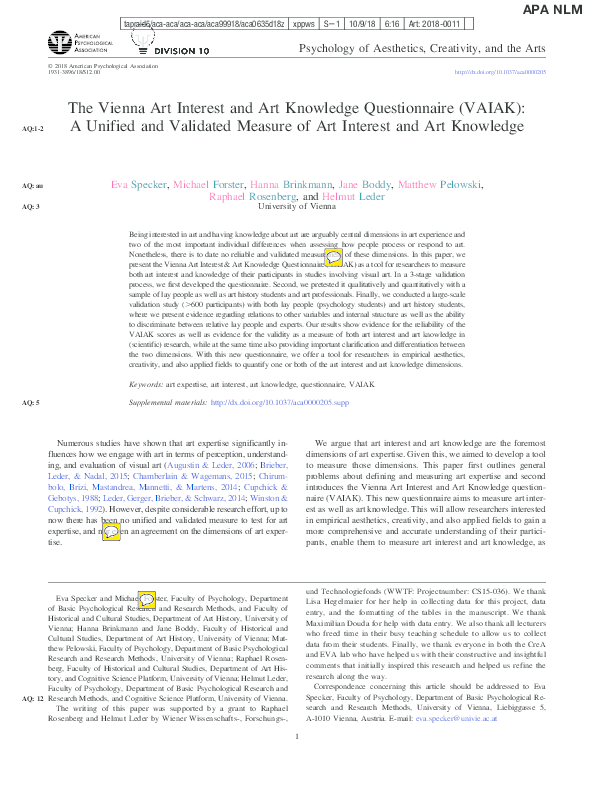 (PDF) The Vienna Art Interest and Art Knowledge Questionnaire (VAIAK ...