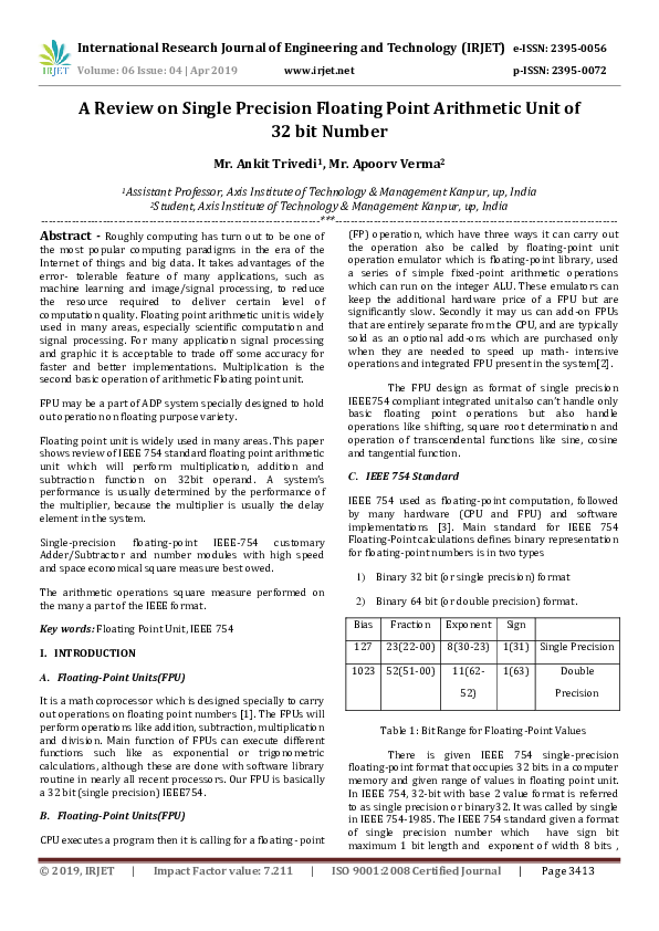 (PDF) IRJET- A Review on Single Precision Floating Point Arithmetic ...