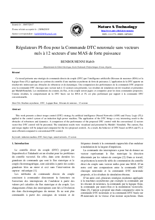 (PDF) Régulateurs PI-flou pour la Commande DTC neuronale sans vecteurs nuls à 12 secteurs d'une ...