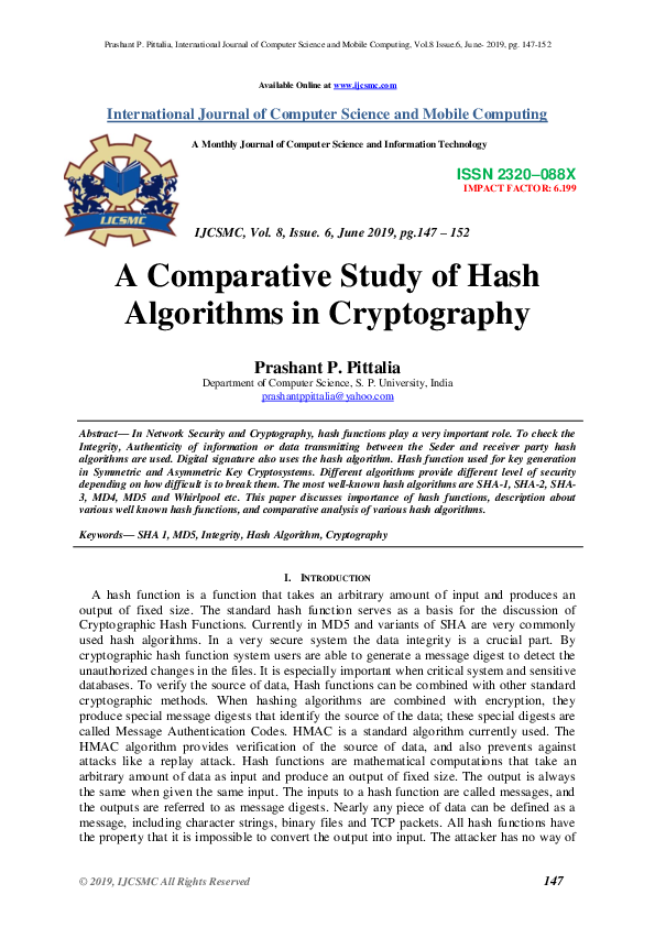 (PDF) A Comparative Study of Hash Algorithms in Cryptography﻿