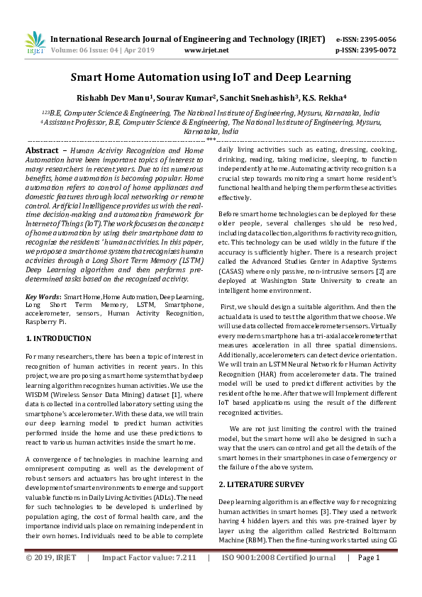 Pdf Irjet Smart Home Automation Using Iot And Deep Learning