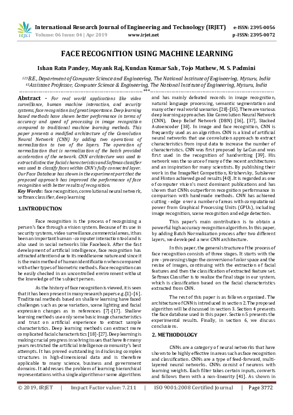 (PDF) IRJET- FACE RECOGNITION USING MACHINE LEARNING
