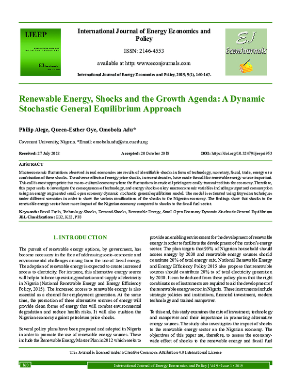 (PDF) Renewable Energy, Shocks and the Growth Agenda: A Dynamic Stochastic General Equilibrium ...