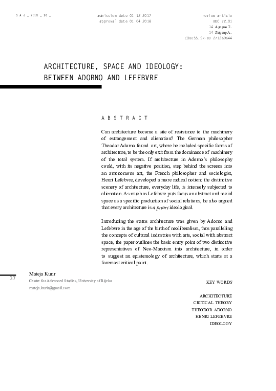 (PDF) Architecture, Space and Ideology: Between Adorno and Lefebvre