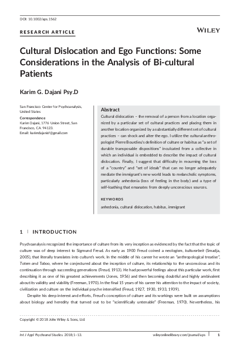 (PDF) Cultural Dislocation and Ego Functions: Some Considerations in ...