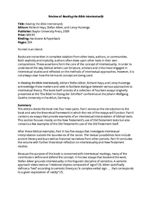 (PDF) Review of Reading the Bible Intertextually (Hays and Alkier)