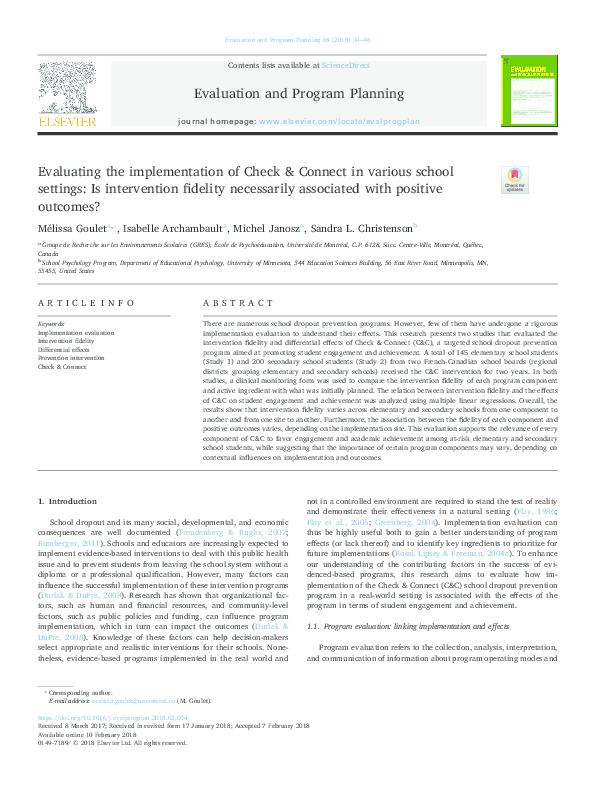 (PDF) Evaluating the implementation of Check & Connect in various ...