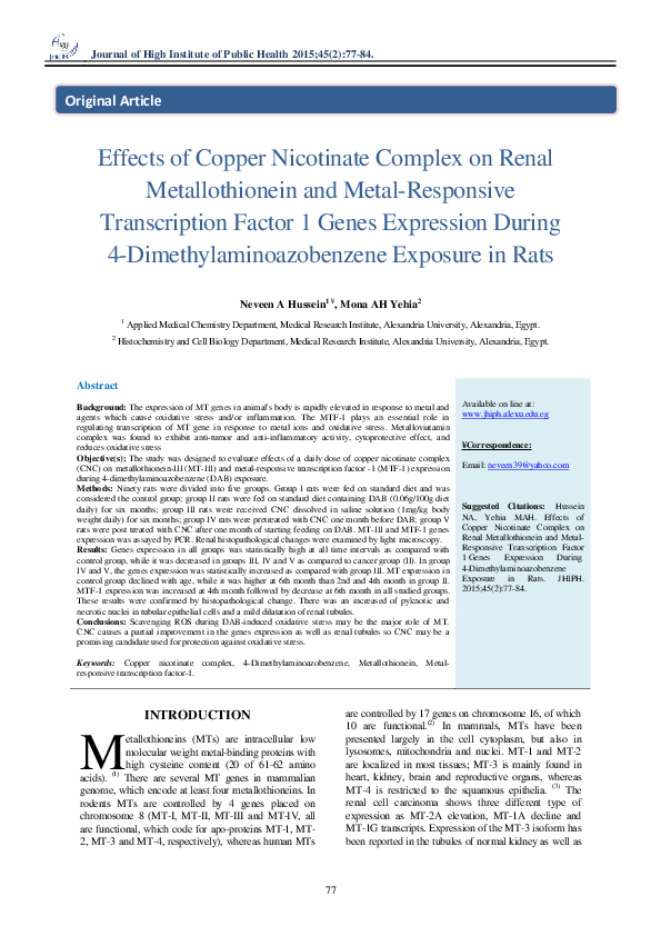 (PDF) Effects of Copper Nicotinate Complex on Renal Metallothionein and ...