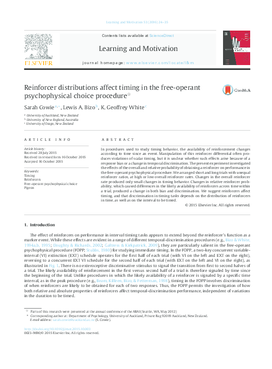 (PDF) Cowie, S., Bizo, L. A., & White, K. G. (2016). Reinforcer ...
