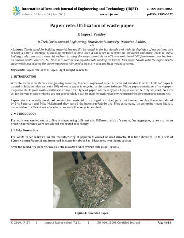 (PDF) IRJET-Papercrete: Utilization of Waste Paper