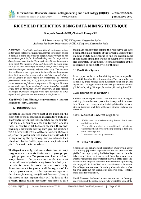 (PDF) IRJET- RICE YIELD PREDICTION USING DATA MINING TECHNIQUE