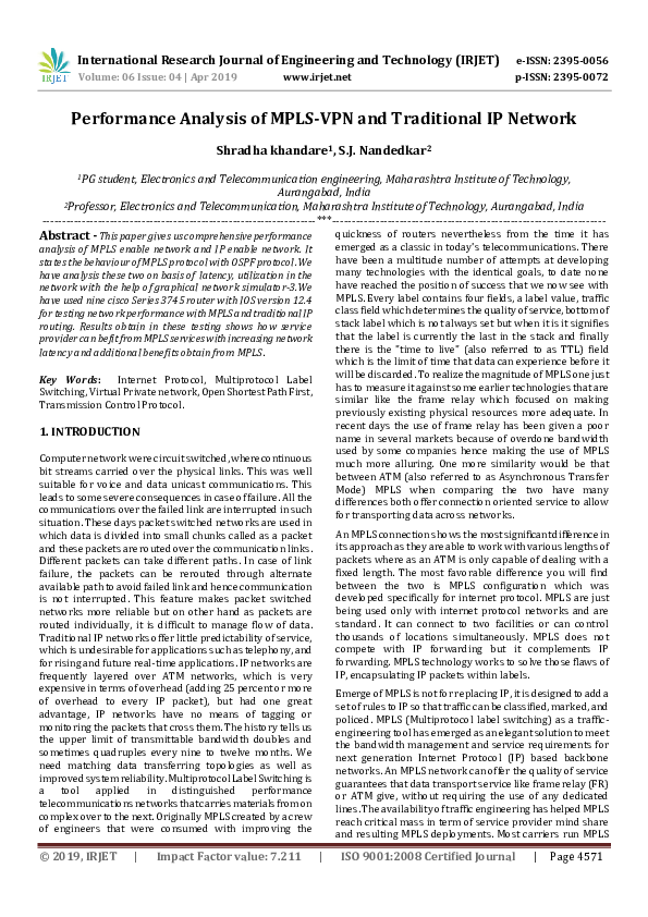 (PDF) IRJET- Performance Analysis of MPLS-VPN and Traditional IP Network | IRJET Journal ...