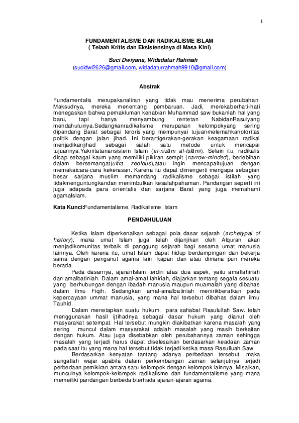 (PDF) FUNDAMENTALISME DAN RADIKALISME ISLAM-Telaah Kritis dan Eksistensinya di Masa Kini