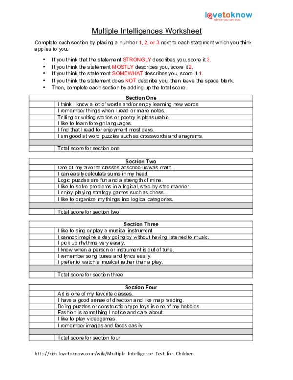 (PDF) Multiple Intelligences Worksheet