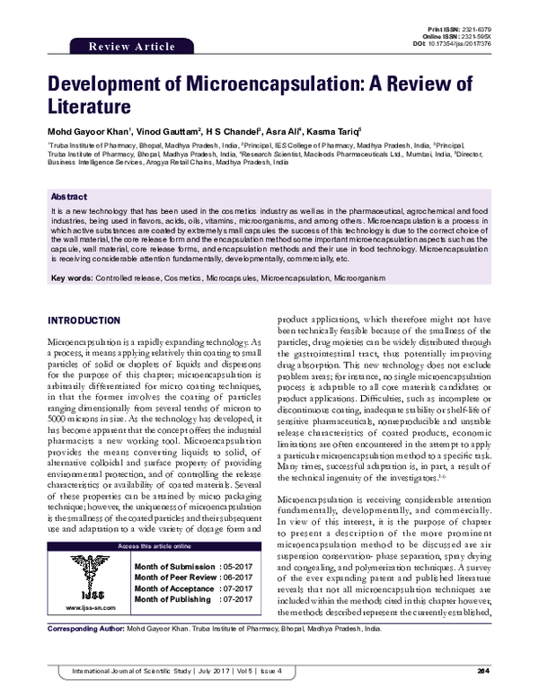 (PDF) Development of Microencapsulation: A Review of Literature