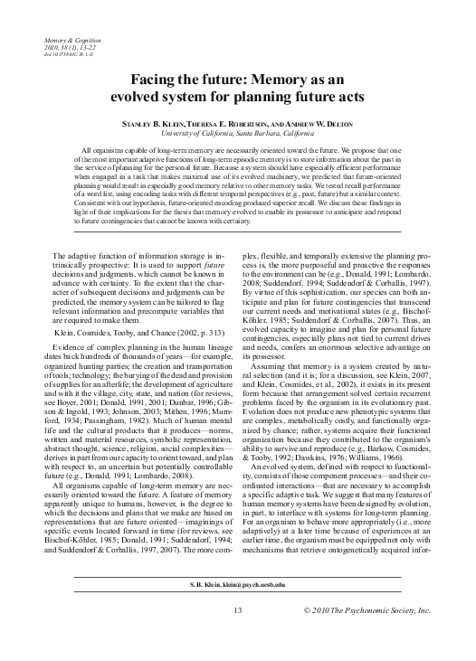 (PDF) Facing the future: Memory as an evolved system for planning ...