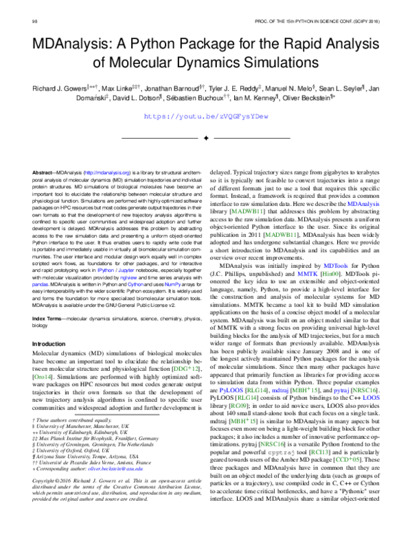 Pdf Mdanalysis A Python Package For The Rapid Analysis Of Molecular