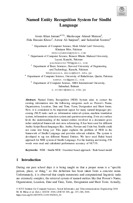 (PDF) Named Entity Recognition System for Sindhi Language