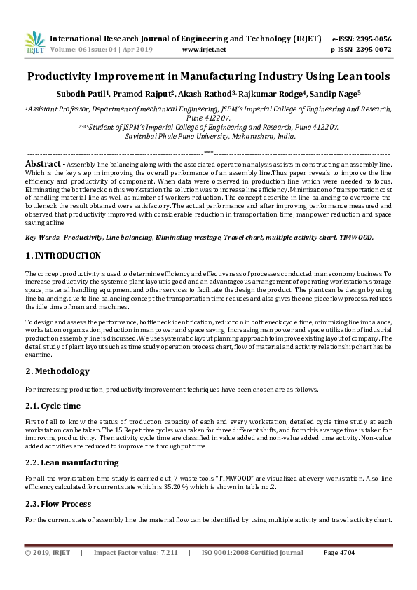 (PDF) IRJET- Productivity Improvement in Manufacturing Industry Using Lean tools