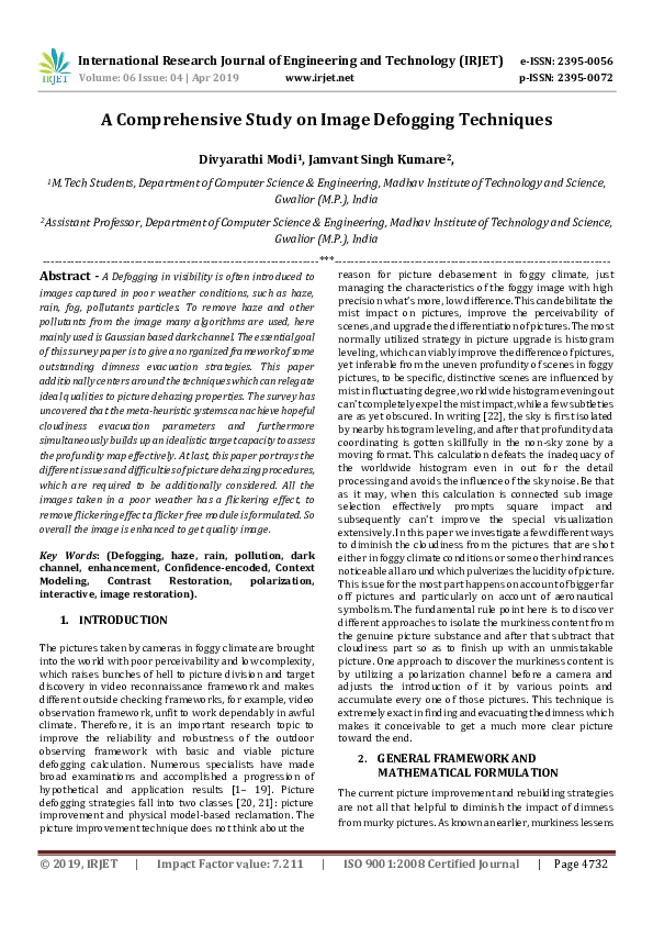 (PDF) IRJET- A Comprehensive Study on Image Defogging Techniques