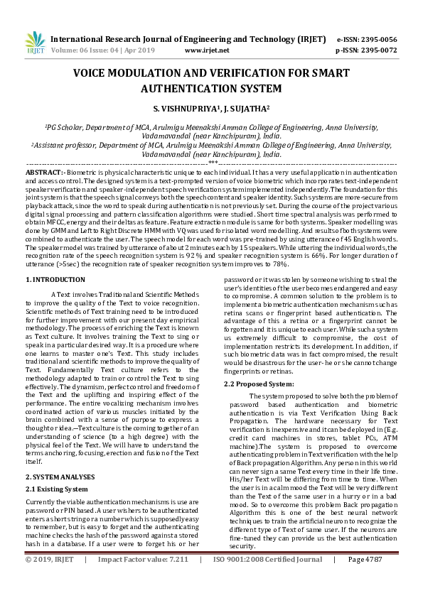 (PDF) VOICE MODULATION AND VERIFICATION FOR SMART AUTHENTICATION SYSTEM