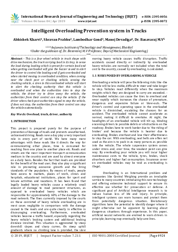 (PDF) IRJET- Intelligent Overloading Prevention system in Trucks
