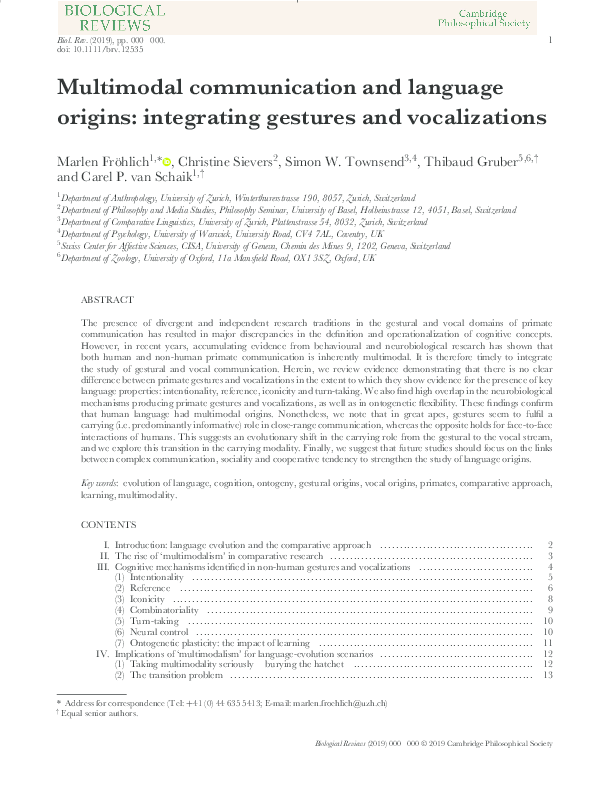(PDF) Multimodal communication and language origins: integrating ...
