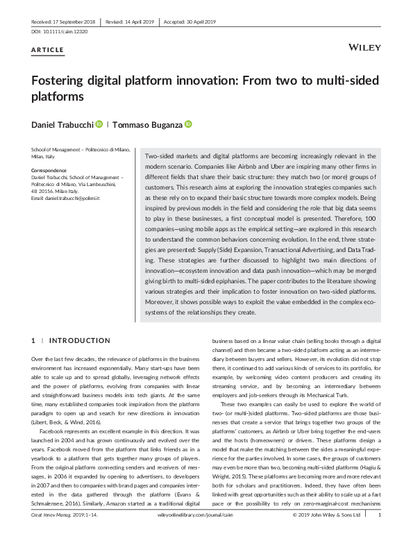 (PDF) Fostering digital platform innovation: From two to multi‐sided ...