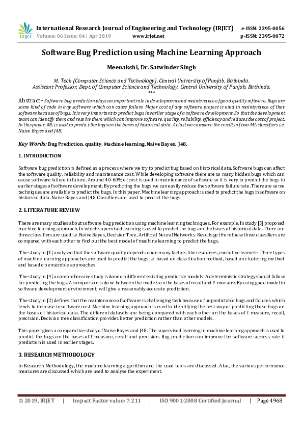 Pdf Irjet Software Bug Prediction Using Machine Learning Approach