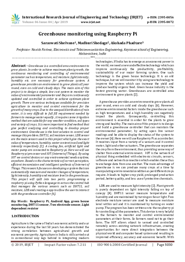 (PDF) IRJET- Greenhouse monitoring using Raspberry Pi