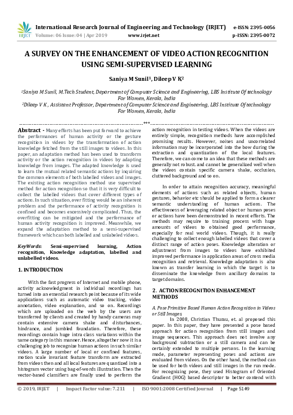 (PDF) IRJET- A SURVEY ON THE ENHANCEMENT OF VIDEO ACTION RECOGNITION USING SEMI-SUPERVISED LEARNING