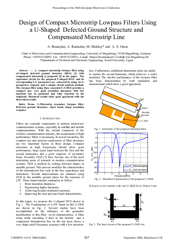 (PDF) Design of Compact Microstrip Lowpass filter Based on Novel U-Resonator Using Defected ...