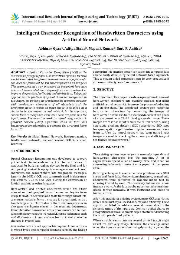 (PDF) IRJET- Intelligent Character Recognition of Handwritten ...