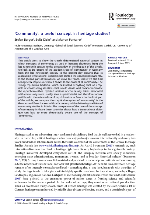 (PDF) 'Community': a useful concept in heritage studies?