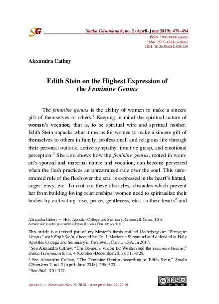 (PDF) Edith Stein on the Highest Expression of the Feminine Genius