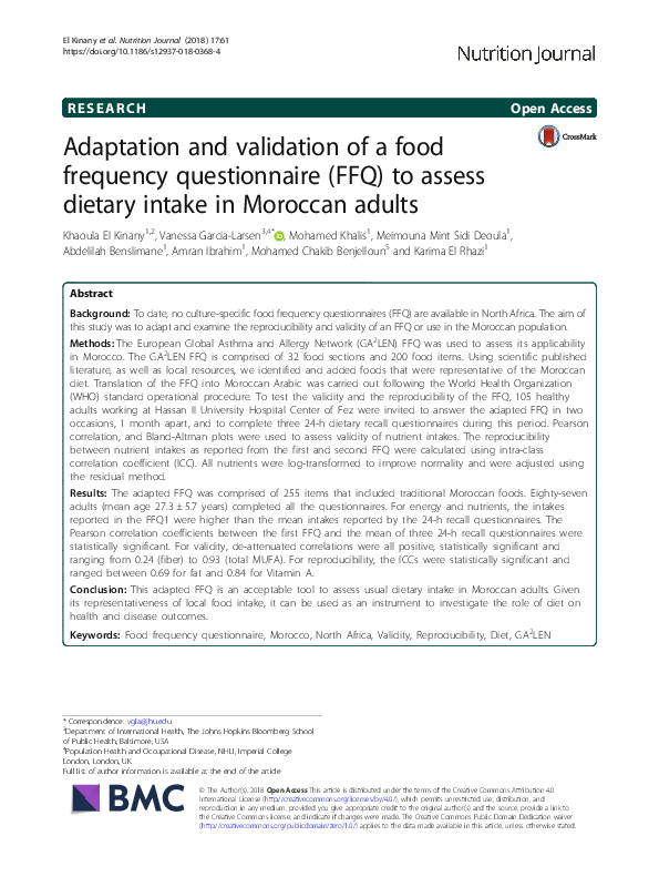 (PDF) Adaptation and validation of a food frequency questionnaire (FFQ ...