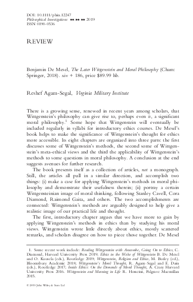(PDF) REVIEW - Benjamin De Mesel, The Later Wittgenstein and Moral ...