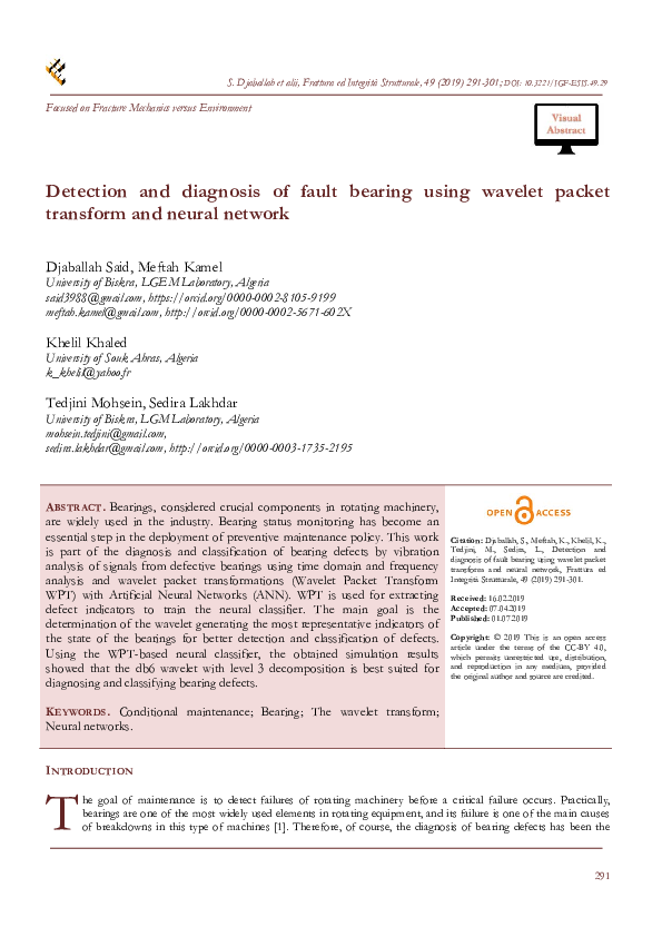 Pdf Detection And Diagnosis Of Fault Bearing Using Wavelet Packet Transform And Neural Network