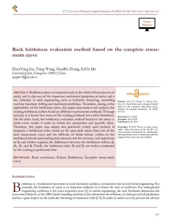(PDF) Rock brittleness evaluation method based on the complete stress ... (PDF) Rock brittleness evaluation method based on the complete stress ...