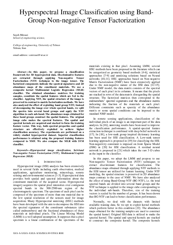 Pdf Hyperspectral Image Classification Using Band Group Non Negative Tensor Factorization
