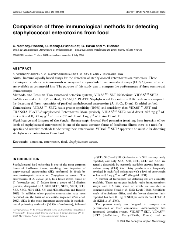 (PDF) Comparison of three immunological methods for detecting staphylococcal enterotoxins from food